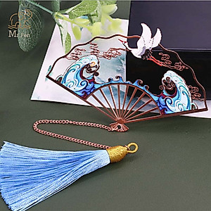 Bookmark Retro Folding Fan Bookmarks Metal White Crane Flying Over The Waves Tassel Bookmark Stationery Book Clip Book Marks Accessories