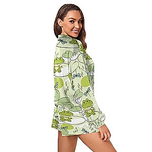 Kigai Cartoon Frogs Dragonflies Jogging Suits for Women Lounge Cozy Long Sleeve Half Zip Lapel Collar Sweatsuit Set,XXL