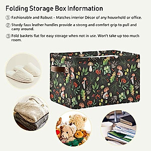 Kigai Collapsible Storage Basket with Handles, Mushroom Leaves Canvas Fabric Storage Bins Toys Clothes Organizer for Bedroom, Nursery, Shelves, Closets (1PACK)
