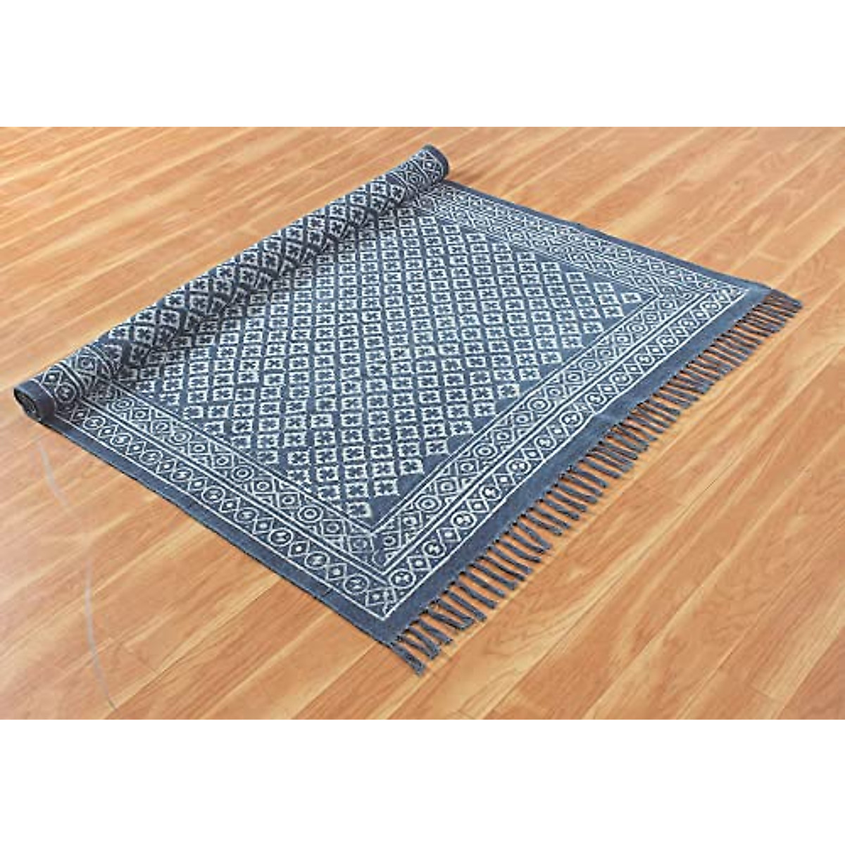 Indigo Blue Rug for Bathroom Handmade Cotton Durries Boho Kilim Rug Flat Weave Indoor Floor Decorative Rugs for Balcony Lounge Floor Bedroom Balcony