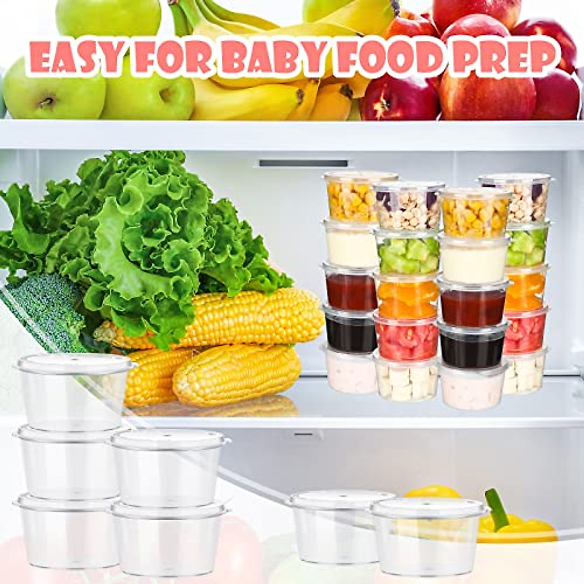 Didaey 100 Pcs Disposable Baby Food Freezer Storage Containers Plastic Food Storage Containers with Hinged Lids 4 oz Snack Containers Food Prep Containers Baby Puree Containers, Stackable, Leakproof