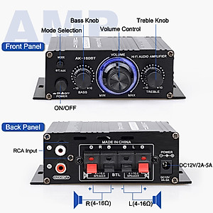 AK-160 Bluetooth Amplifier 18W+18W Power Output with 12V/3A DC Power Supply,2.0 Channels Bluetooth Amplifier Supports Bluetooth/RCA Input