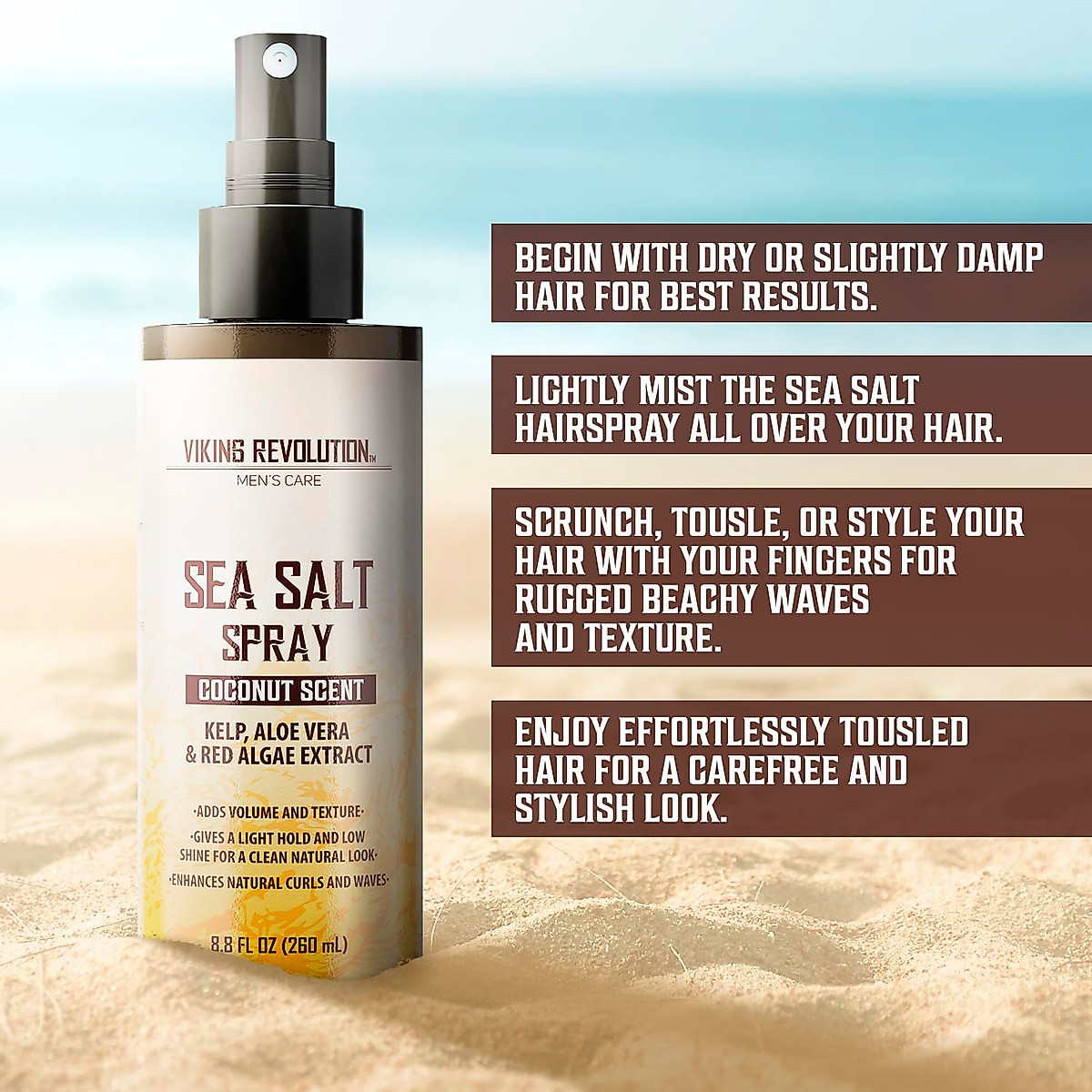 Viking Revolution Coconut Sea Salt Spray for Hair Men - Hair Texturizing Spray with Kelp, Aloe Vera & Red Algae Extract - Surf Spray to Add Volume and Texture - Sea Salt Spray for Men Beach Hair Spray