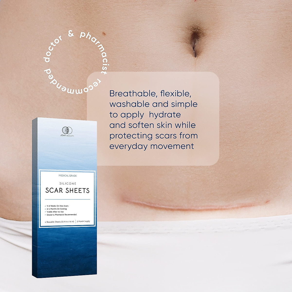 Silicone Scar Removal Sheets - Breathable Reusable & Waterproof Keloid Scar Removal Patches Caused by C-Section, Surgery, Burn, Acne, Stretch Marks Healing Alternative to Gel, Tape & Cream (4 sheets)