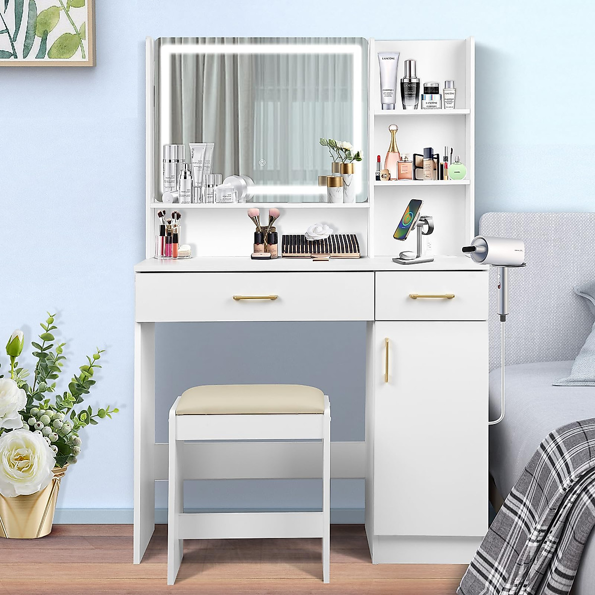 QUALIKRAFT Vanity Set, Vanity Desk with Mirror and Lights, Vanity Desk with Drawers, Vanity with Charging Station, Vanity with Chair, Vanity with Storage, White Vanity, Makeup Vanity，Bedroom Vanity