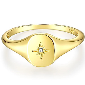 BLOSSOM & HUE Womens Signet Ring | Star Set North Star Polaris | Thin Band Statement - Ring 18K Gold Plated | Size 8 |