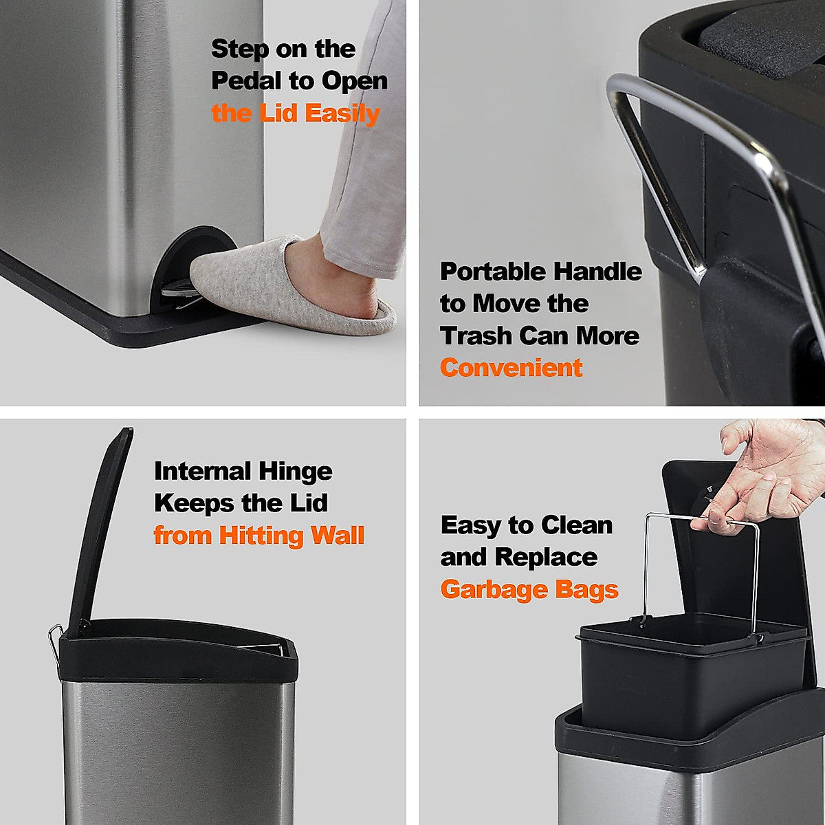 Hompus 2.1Gal/8L Stainless Steel Trash Can with Lid Soft Close, Removable Inner Waste Basket, Slim Small Garbage Can for Bathroom Bedroom Office, Rectangular Step Trash Bin, Anti-Fingerprint Finish