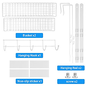 NEX The Door Hooks Shelf Organizer Hanger Towel Rack with 2 Mesh Basket 5 Hooks Storage Rack Spice Rack for Bathroom Kitchen Storage Shelves Toiletries, White