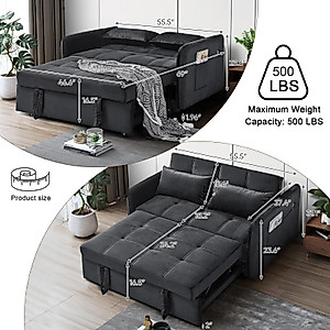 KINFFICT Velvet Pull Out Sleeper Sofa Bed with USB Ports, Convertible Futon Couch with Adjustable Backrest, 3 in 1 Modern Loveseat with 2 Pockets and Pillows, Small Love Seat for Living Room, Black