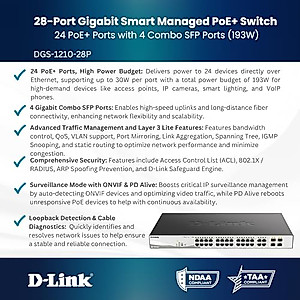 D-Link 28-Port Gigabit Smart Managed PoE+ Switch |24 PoE+ Ports (193W) + 4 SFP Combo Ports |L2+ | VLANs | Web Managed | Surveillance Mode | Rackmount | NDAA Compliant |Lifetime Warranty (DGS-1210-28P)