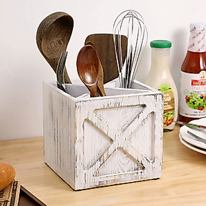 MyGift Whitewashed Solid Wood Kitchen Utensil Holder Crock Countertop Storage Organizer with 4 Compartments, Rustic Farmhouse Flatware Silverware Buffet Caddy