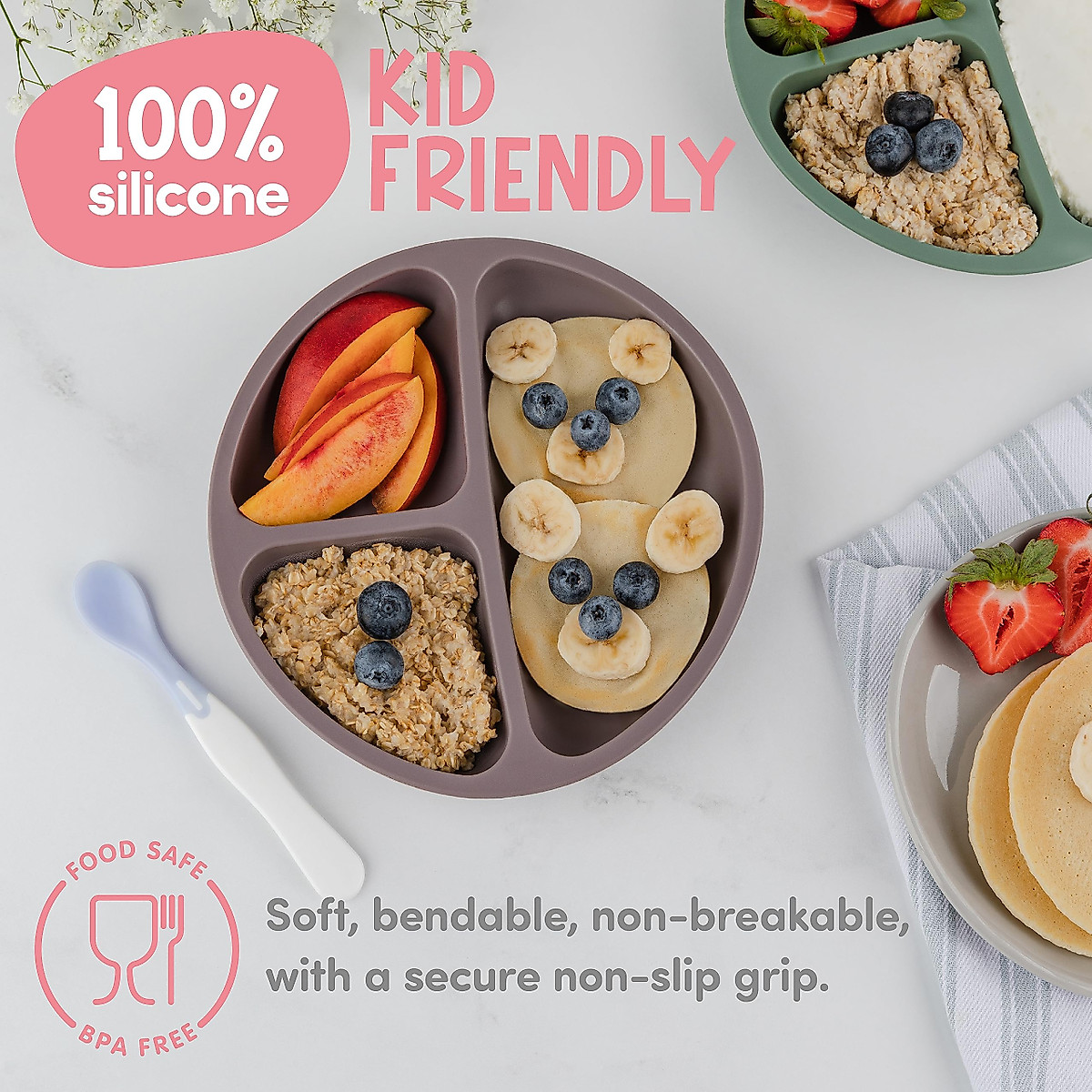 ChériKid Suction Plates for Baby, Toddlers - FEATURES SUPER STRONG QUADRUPLE SUCTION - 100% Food Grade Silicone Toddler Plates with Suction - Unbreakable Divided Kids Baby Plates - Suction Plate