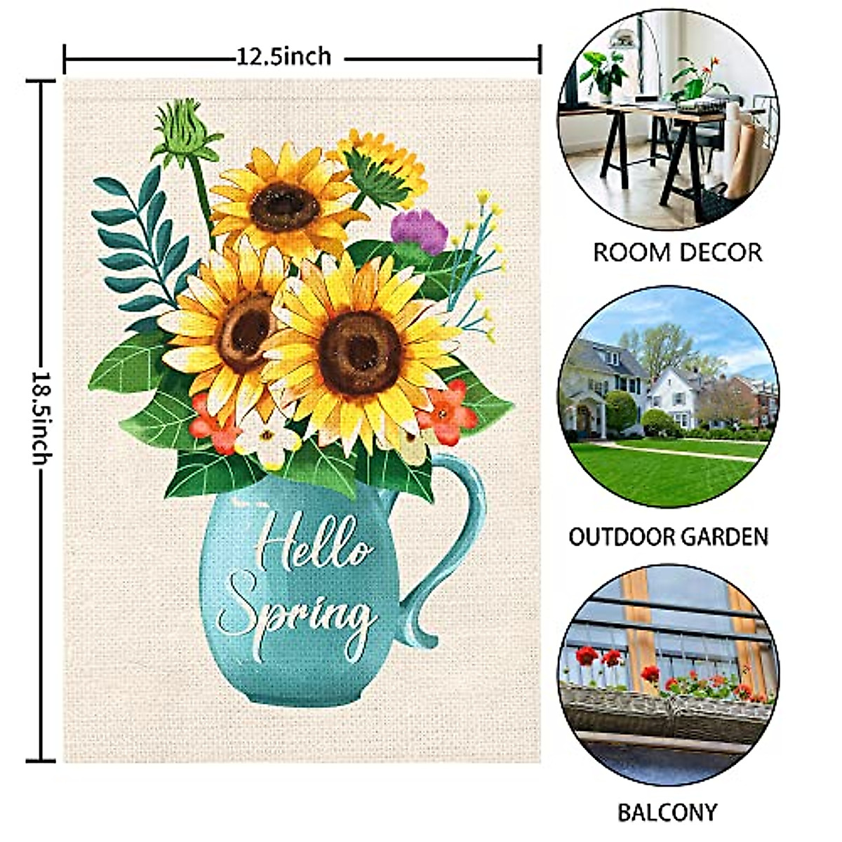 WODISON Hello Spring Summer Garden Flag Floral Sunflower Vase 12×18 Inch Double Sided Vertical Flag Burlap for Outside House Outdoor Decoration Banner (ONLY FLAG)