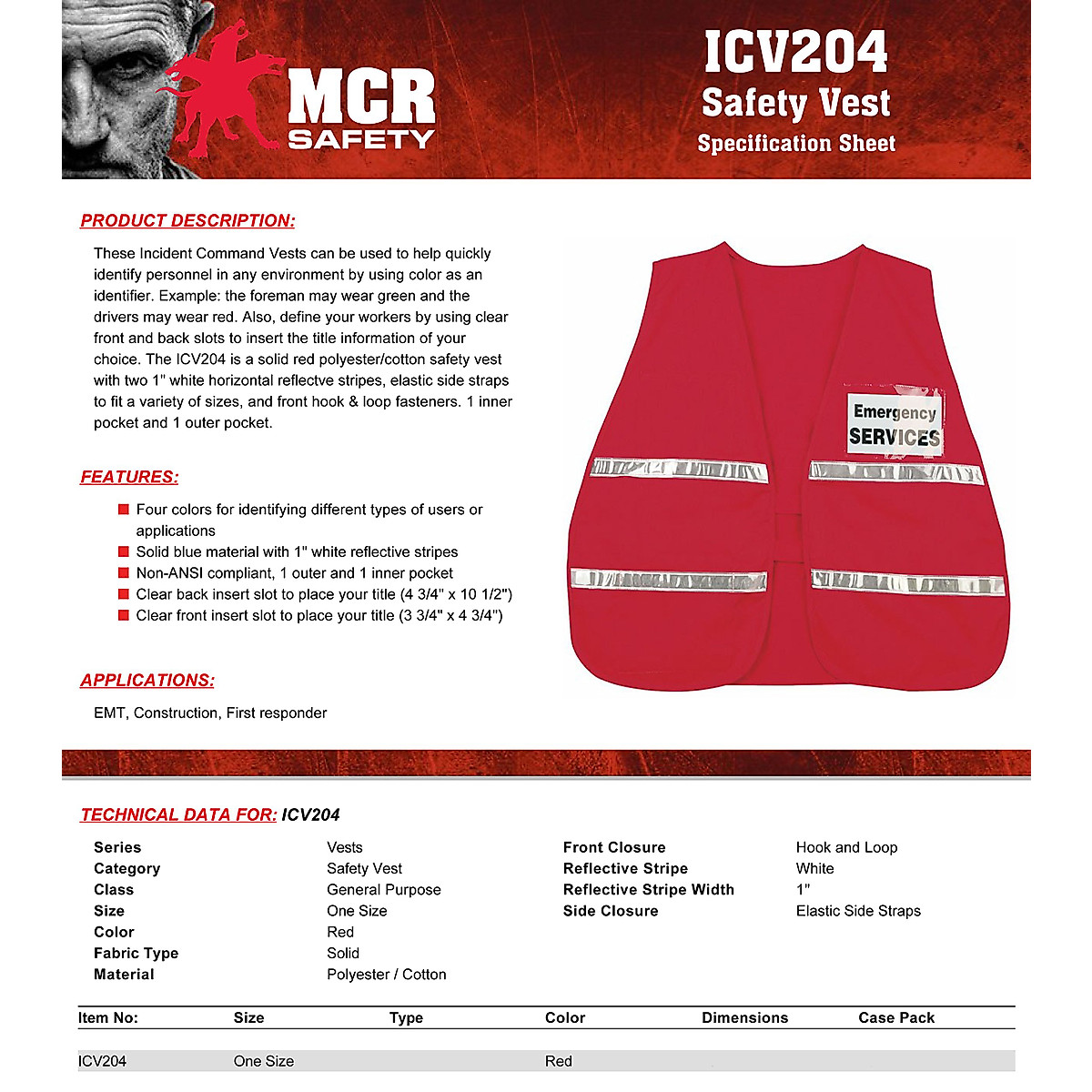 MCR Safety - 611ICV204 ICV204 Incident Command Polyester/Cotton Safety Vest with 1-Inch White Reflective Stripe, Red