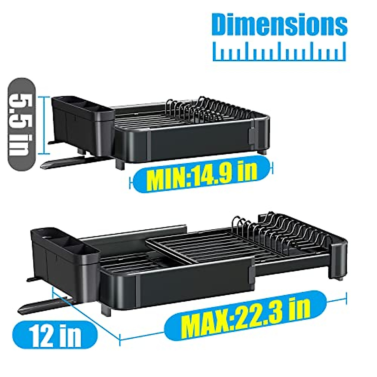 Dish Drying Rack, Aluminium Rustproof Expandable (14.9''-22.3'') Kitchen Counter Dish Rack with Drainboard, Dish Drainer with Drying Mat Utensil Holder Sink Caddy, Black