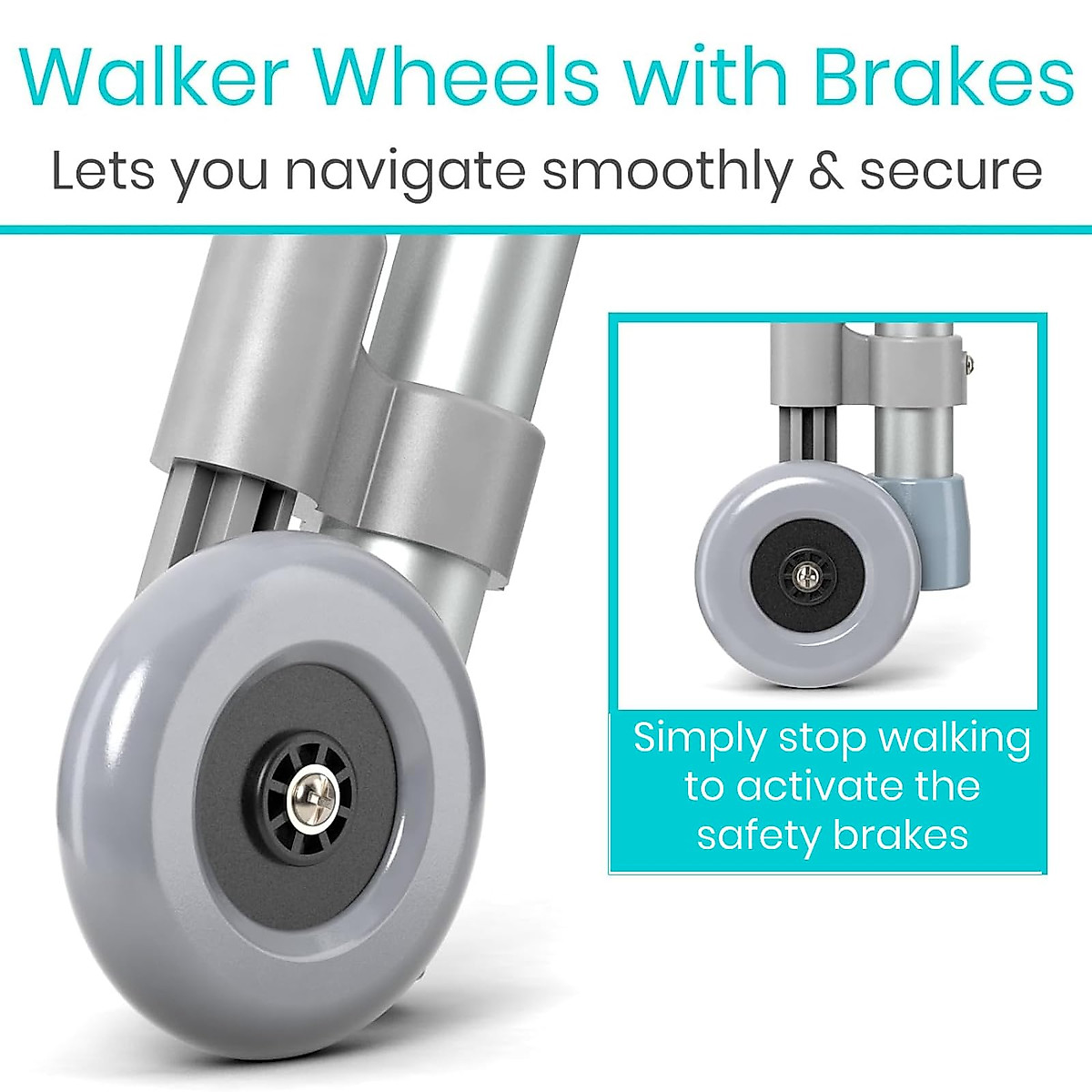 Vive Walker Wheels with Brakes - Mobility Aid Equipment for Seniors - Replacement Parts for Back Stability Safety - 3 Inch Rear Glide Rubber Wheel - Swivel/Lock Universal Adjustable Design