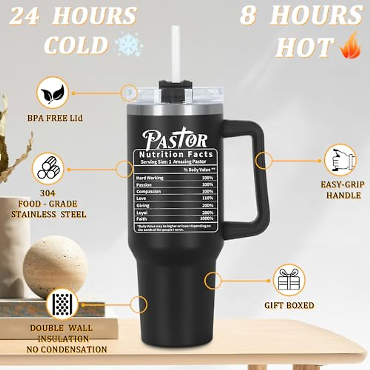 Muwnrol Pastor Appreciation Tumbler - 40 Oz With Handle for Men, Christian Gift Warning