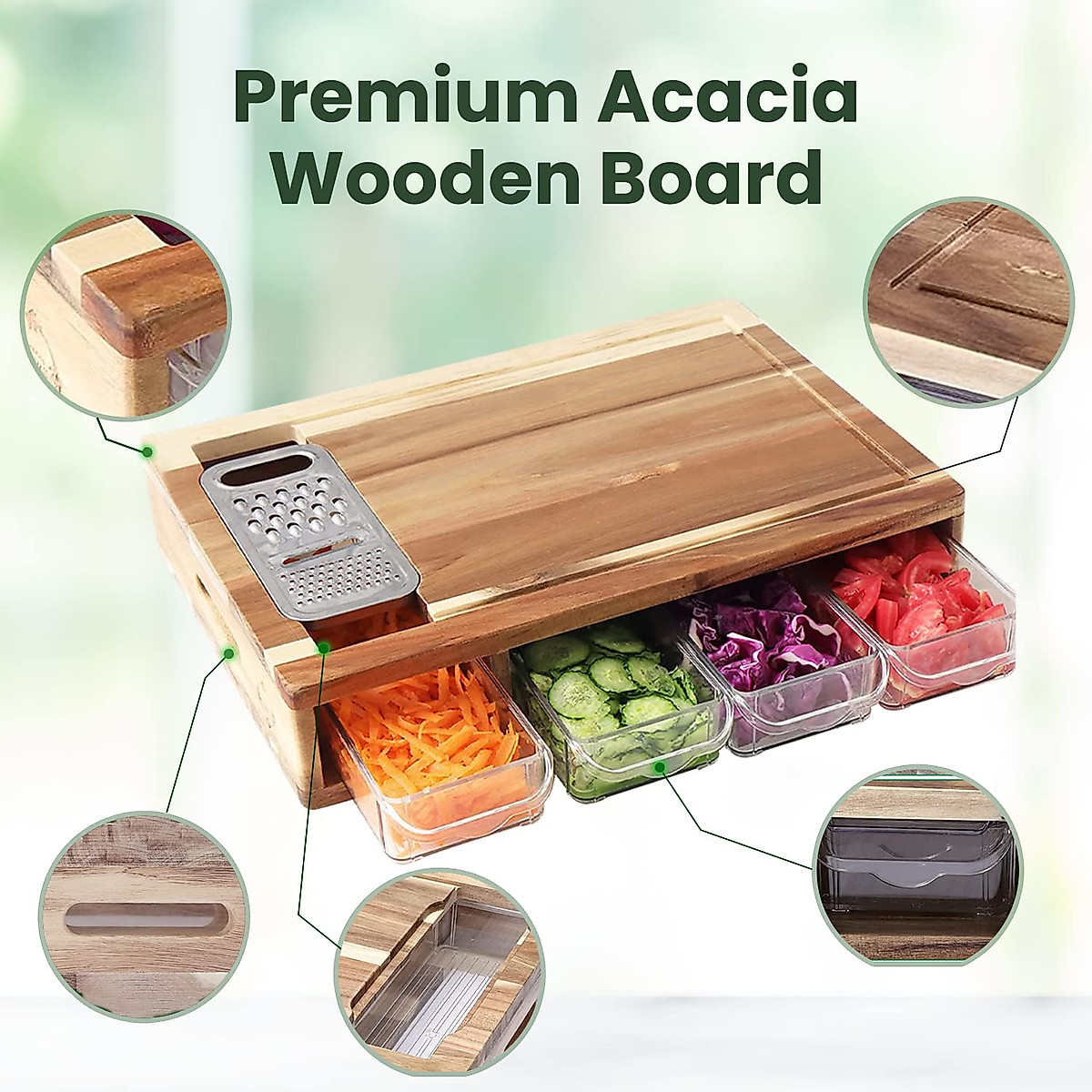 Acacia Wood Cutting Board with Containers & Lids, 3in1 Grater and bonus Bamboo Phone and Tablet Holder by SWILLT-Large Acacia Wood Chopping Board with 4 Storage Trays, Food Prep Cleanup, Juice Groove