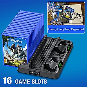 PS4 Stand Cooling Fan for PS4 Slim/PS4 Pro/PlayStation 4, PS4 Stand Vertical Stand Cooler with Dual Controller Charge Station & 16 Game Storage, PS4 Organizer Stand with Game Storage PS4 Accessories