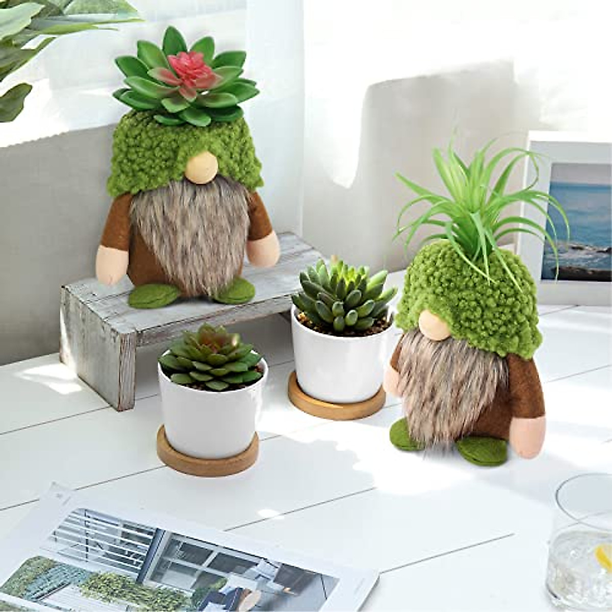 Succulent Gnomes Spring Green Plants Gnomes Swedish Plush Tiered Tray Decoration Tomte Doll Decor Cacti Nordic Dwarf Spring Summer Home Stuffed Gnomes Collection Garden Gift for Her Him Plant Lover