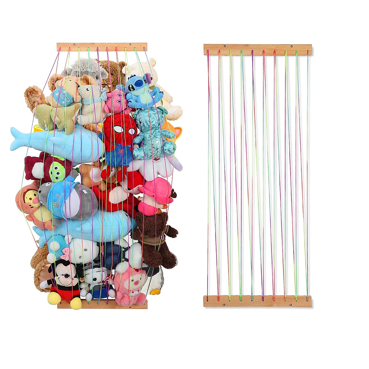 PHOENANCEE Stuff Animal Organizer for Plushies,Stuffed Animal Storage Wall,Plush Toys Holder Net Zoo for Kids Nursery Playroom Bedroom,Save Space,Length Adjustable,Upgraded,2 Pack(Natural Wood)