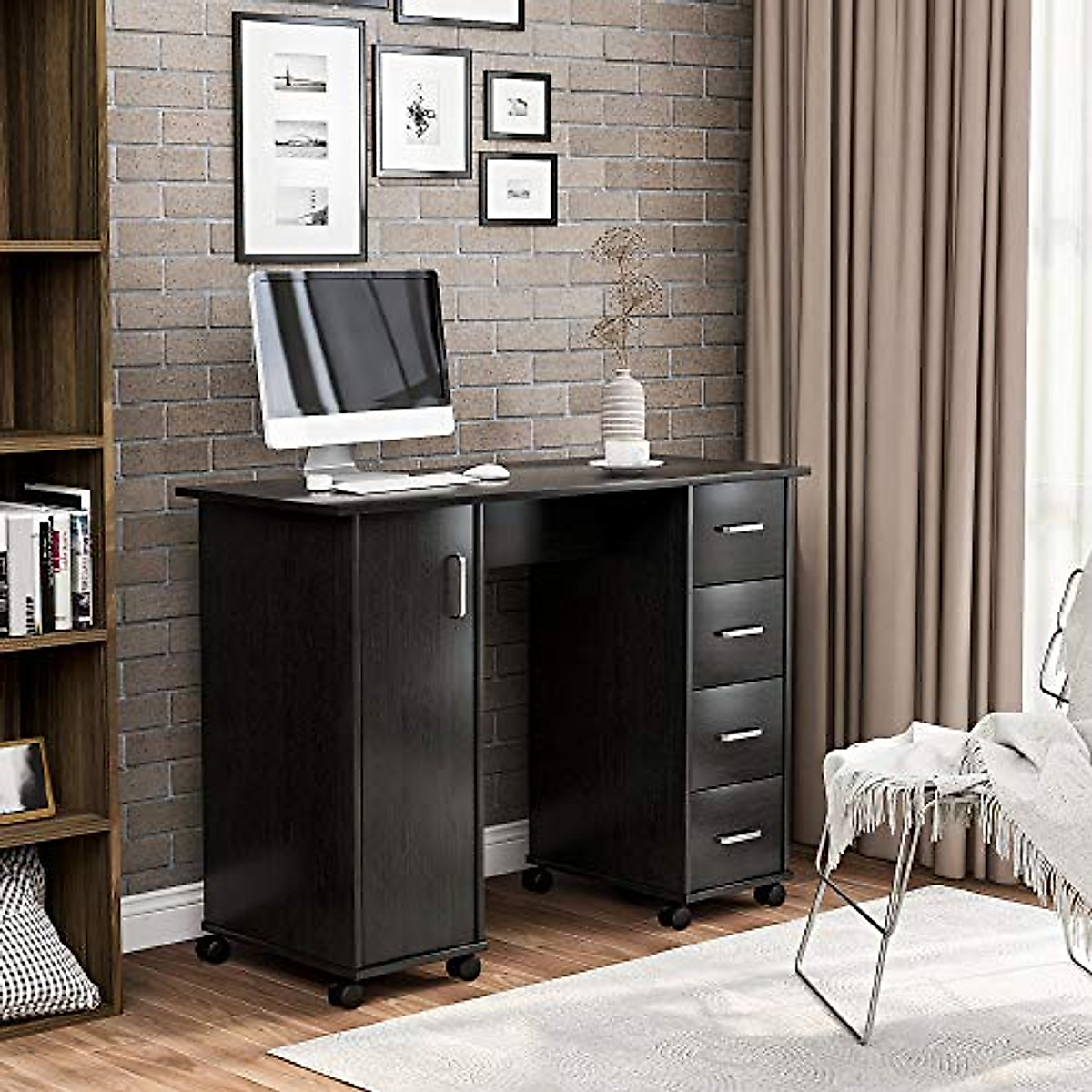Home Office Desk with Storage, 41.73" Computer Desk with Four Drawers and A Door Modern Simple Style Writing Desk Gaming Sturdy Table Workstation for Home, Reading Room, Office, Bedroom - Black