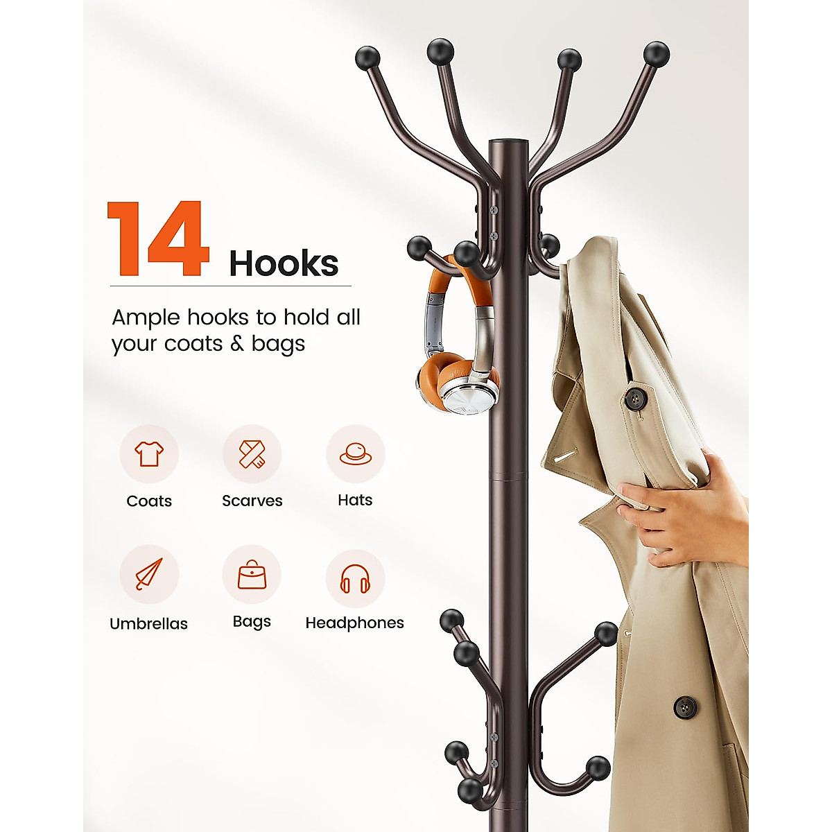 Pipishell Coat Rack with 14 Hooks, Freestanding Coat Rack Stand for Entryway, Hallway, Bedroom, and Office, Metal Coat Tree & Hat Rack for Coats, Hats, and Bags, Brown