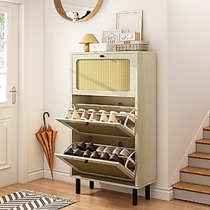 DKLGG Shoe Cabinet with 3 Flip Drawers, Rattan Entryway Shoe Storage Cabinet, Freestanding Wooden Shoe Rack Storage Cabinet with Metal Legs, Narrow Hidden Shoe Organizer for Entryway Hallway Mudroom