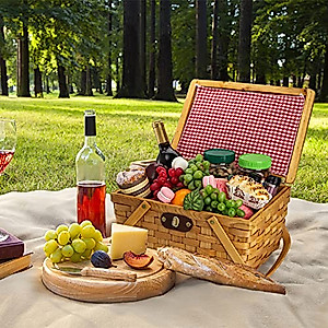 Yesland Picnic Basket with Lid and Double Folding Handles, Wood Chip Easter Basket with Gingham Pattern Lining Organizer - Blanket Storage for Egg Gathering Wedding Candy Gift - 13.8 x 9.7 x 7 Inch