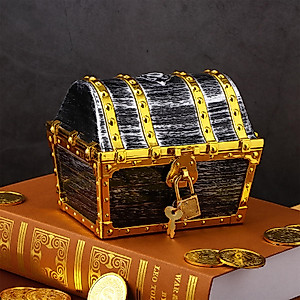 FAVOMOTO Pirate Treasure Chest, Treasures Collection Storage Wood Storage Box Chest with Lock and Key for Christmas Pirate Party Favors