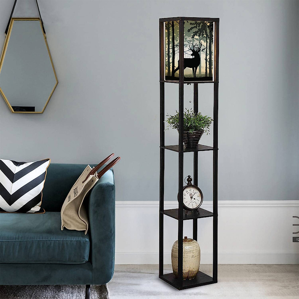 JITHCG Deer with Antlers Posing Forest Silhouettes of Tree Magical Misty Standing Lamp with Shelves Flaxen Fabric Shade Floor Lamp Tall lamp Corner Bedside Lamp for Living Room Bedroom Aesthetic Decor