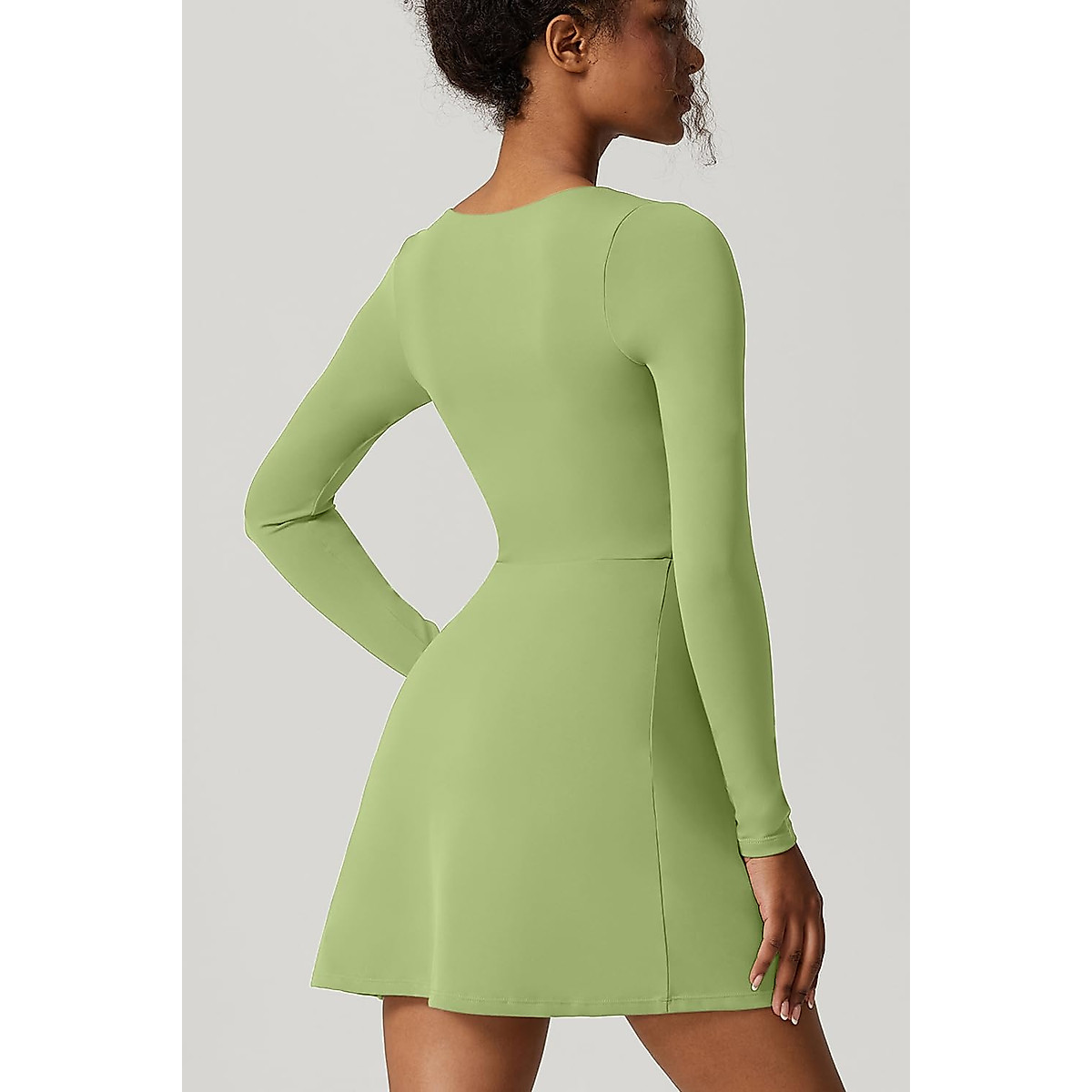 QINSEN Womens Light Green Mini Dress Long Sleeve Square Neck Side Slit Tennis Dresses L