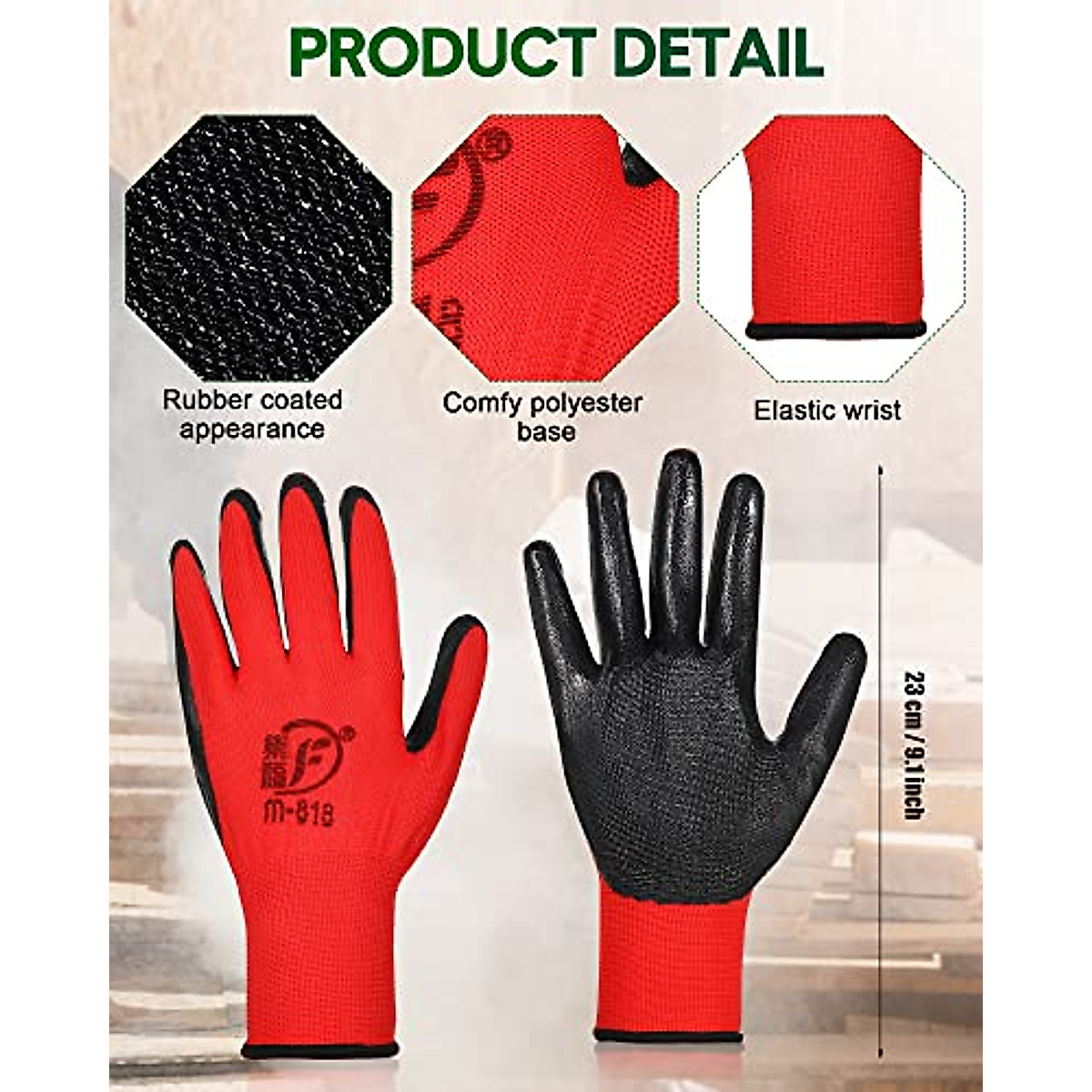 Nuogo 24 Pairs Gardening Gloves for Men Women Rubber Coated Work Gloves Garden Gloves Safety Work Gloves Construction Gloves (Black, Red)