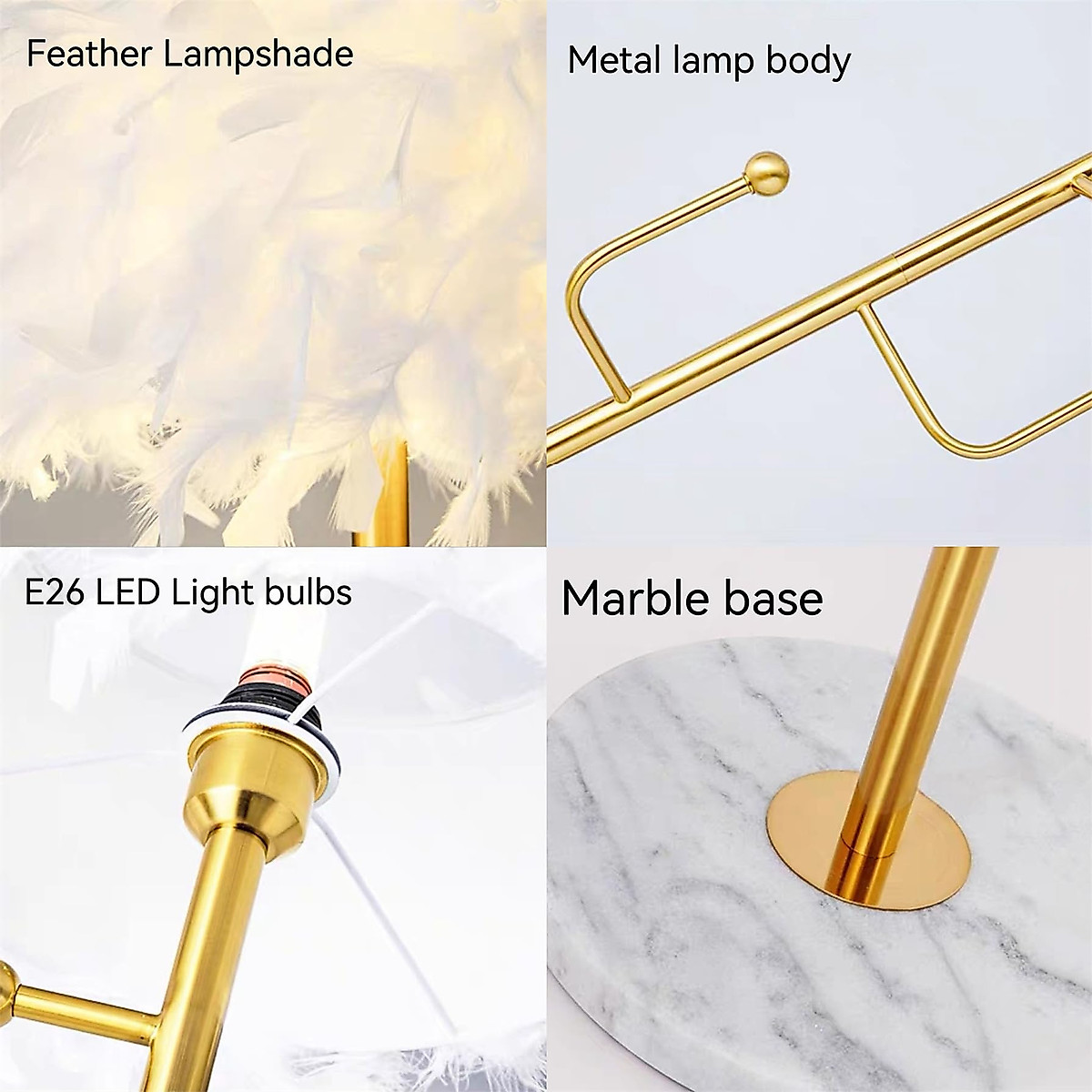 Kardleen White Feather Floor lamp Unique Hanger Floor lamp with Coat Hook Standing lamp Luxury Gold for Bedroom Decorative Tall lamp Naturally Feather lamp