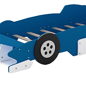 Bellemave Twin Size Race Car Bed for Kids,Wood Car-Shaped Platform Bed with Storage Shelves,Car Bed Twin with Wheels for Boys,Girls,(Twin,Blue)