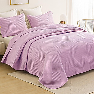 Whale Flotilla Queen Quilt Set, Soft Lightweight Quilts Bedspreads Coverlet with Embossed Pattern, Bedding Sets with 2 Pillow Shams, Reversible Bed Cover for All Seasons, 96x90 Inches, Purple