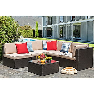 Vongrasig 6 Piece Patio Furniture Set, Small Outdoor Sectional Sofa Couch, All Weather PE Wicker L-Shaped Corner Patio Sofa Garden Backyard Patio Conversation Set w/Glass Table (Beige)