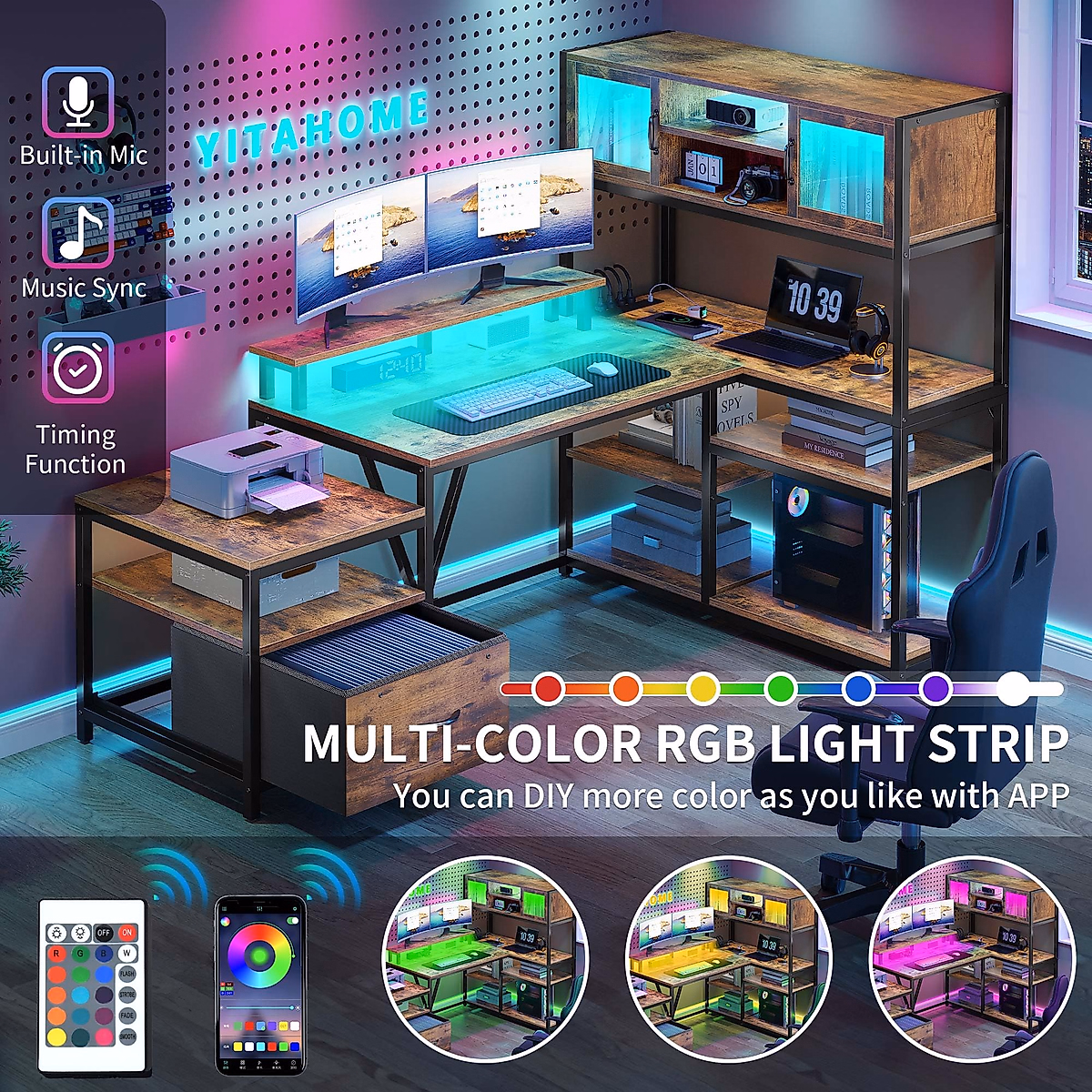 YITAHOME L Shaped Desk with Power Outlets, 78.7" Reversible Computer Desk with Drawers & Bookshelf, Corner Office Desk with LED Lights and Storage Shelves for Home Office, Rustic Brown