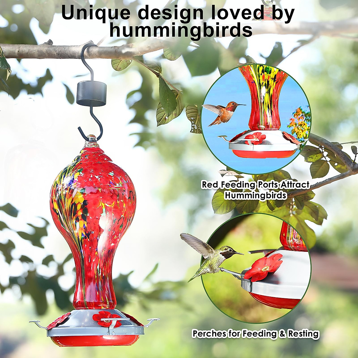 Digipettor Hummingbird Feeders for Outdoors, Hanging Glass Hummingbird Feeder Anti-Ant and Bee Metal Base with 4 Feeding Leak Proof Garden Decor, 25 Oz for Easy Cleaning and Presents-Blue