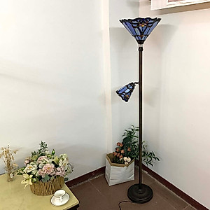 Bieye L10686 Baroque Tiffany Style Stained Glass Torchiere Floor Lamp with Sidelight for Reading Home Decor, 71-inch Tall