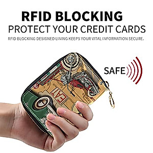 Vintage Route 66 Poster Blue, Yellow, Green Cars Motorcycle USA Flag Grey Credit Card Coin wallet, RFID Blocking Compact Women Leather Card Holder, Key Change Organizer, Zipper Purse Clutch Pouch