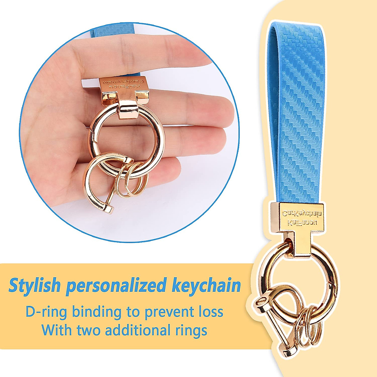 Turcee Carbon Fiber Car Keychain,Automotive Interior Accessories Keychains Leather Car Key Fob &Anti-Lost D-Ring Blue 4.9x1.36''