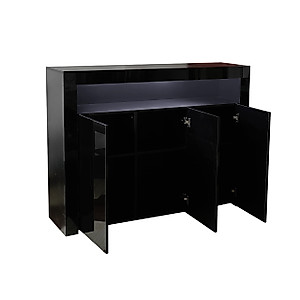 SZUBEE Modern Black High Gloss Sideboard Storage Cabinet with LED Light-Versatile Kitchen and Dining Room Buffet Cupboard with 3 Doors and TV Stand Function