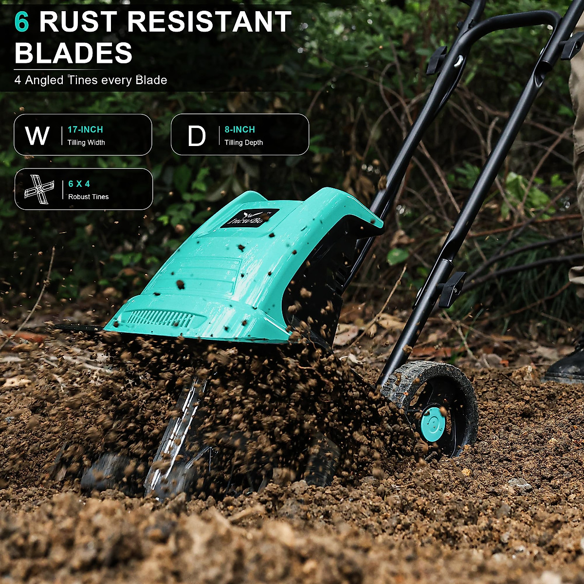 IncwBo Tiller Cultivator 17 inch 15 Amp 6 Steel Tines Tillers for Gardening Electric Rototiller for Garden Yard