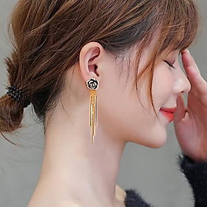 Rhinestone Pendant Black Rose Floral Tassel Earrings