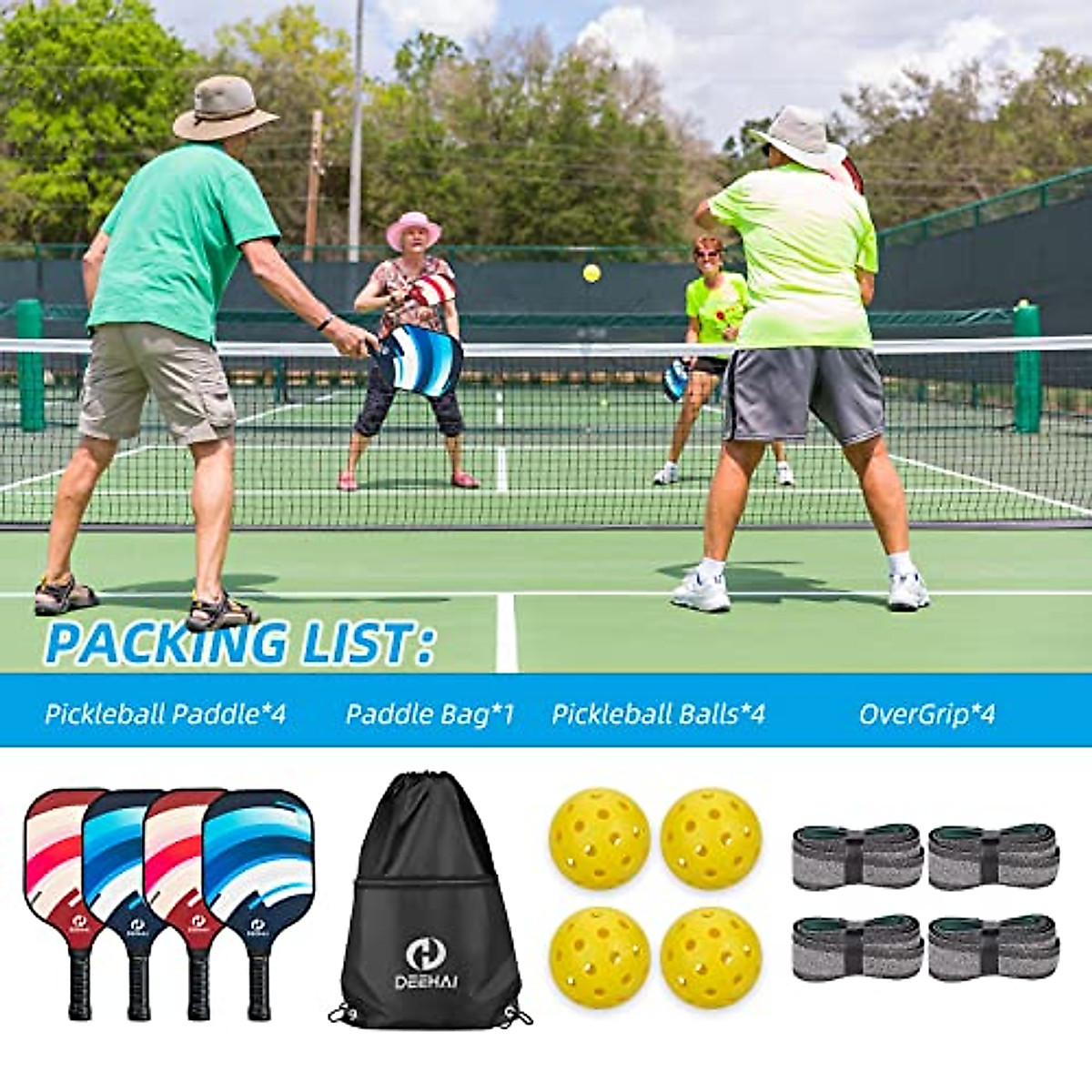 DeeHai Pickleball Paddles Pickleball Set Pickleball Rackets, Quiet Pickleball Raquette Set of 4 with 1 Portable Pickleball Bag, 4 Pickleball Balls & 4 Grip Tapes, Polypropylene Honeycomb Core