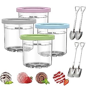 BBAUER Ice Cream Pints Containers 4 Pack for Ninja Creami Pints and Lids,16oz Cup Compatible with NC301 NC300 NC299AMZ Series Ice Cream Maker,Reusable,4 PC Ice Cream Spoons,Pink/Green/Grey/Blue