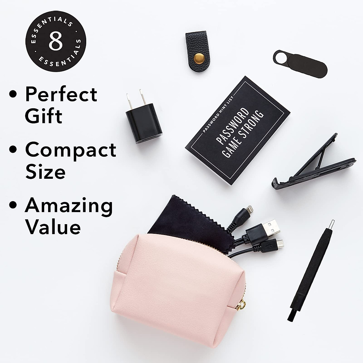 Pinch Provisions Tech Kit, Blush Tech Accessories Bag Filled with 8 Essentials Including Cord Organizer, Charging Cord, USB, Ideal Gift for Work, Christmas & Birthdays, Portable Pouch