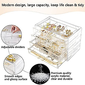 Weiai Acrylic Jewelry Box 4 Drawers, 72 Grids Clear Jewelry Organizer with Adjustable Dividers, Large Capacity Earring Ring Gift Boxes