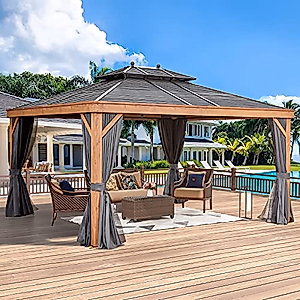 YOLENY 12' x 14' Hardtop Gazebo Faux Wood Grain Metal Gazebo with Aluminum Frame, Galvanized Steel Double Roof, Outdoor Patio Gazebo Pergolas with Netting and Curtains for Backyard, Patio, Lawns
